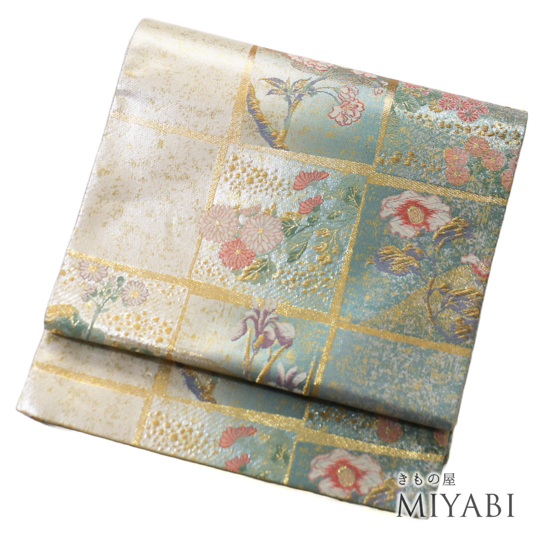 リサイクル 袋帯 帯丈440cm 六通 市松秀映文 花欄漫 多色 Mサイズ 正絹 Sランク フォーマル セミフォーマル FU-1597 ...